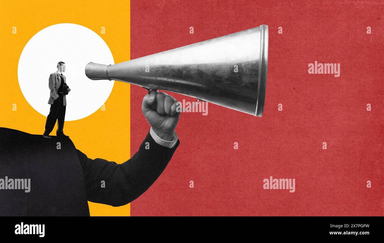 Broadcasting Power. Hand with man holding large megaphone ...
