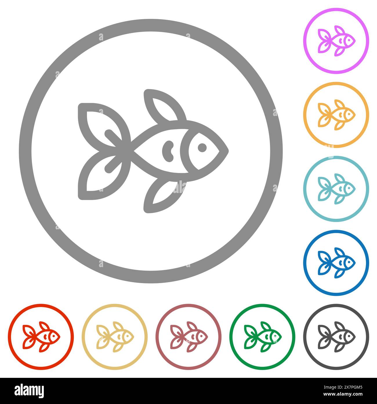 Fish side view outline flat color icons in round outlines on white ...