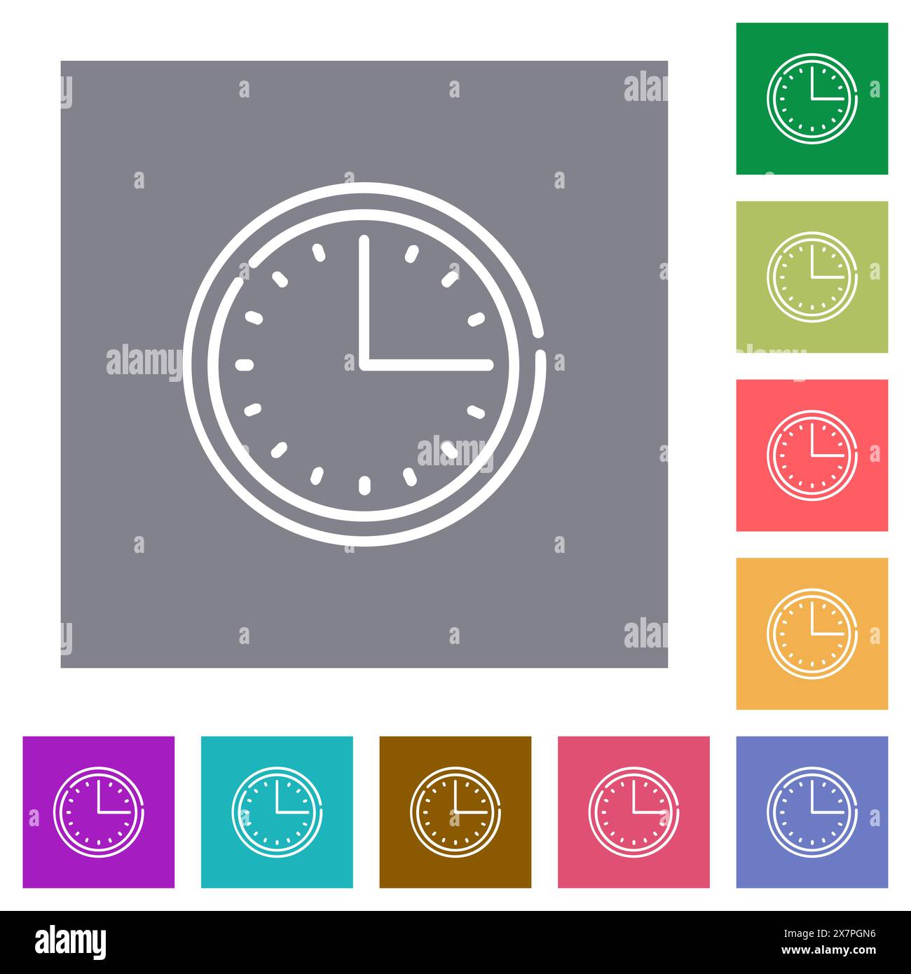 Wall clock outline flat icons on simple color square backgrounds Stock ...