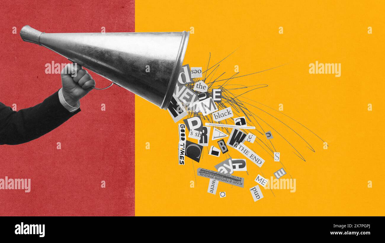 News source. Hand holding megaphone with newspaper heading splitting ...