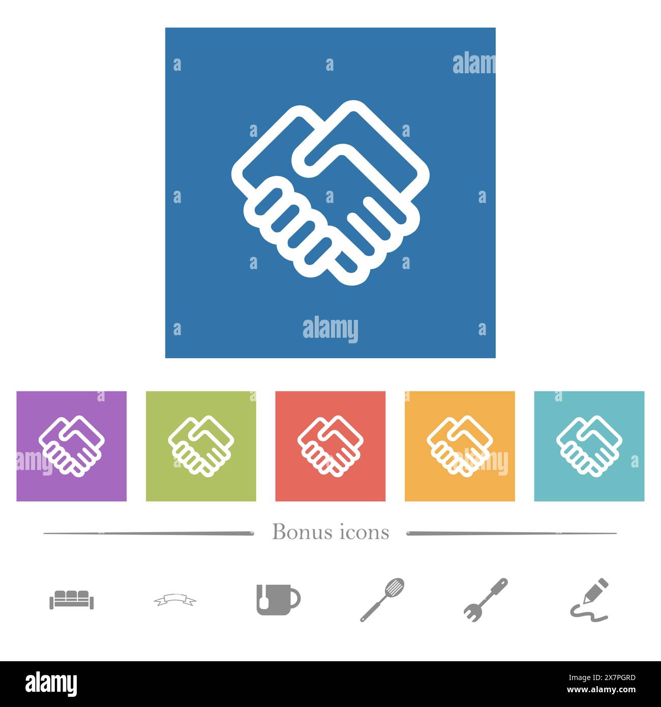 Handshake outline flat white icons in square backgrounds. 6 bonus icons ...