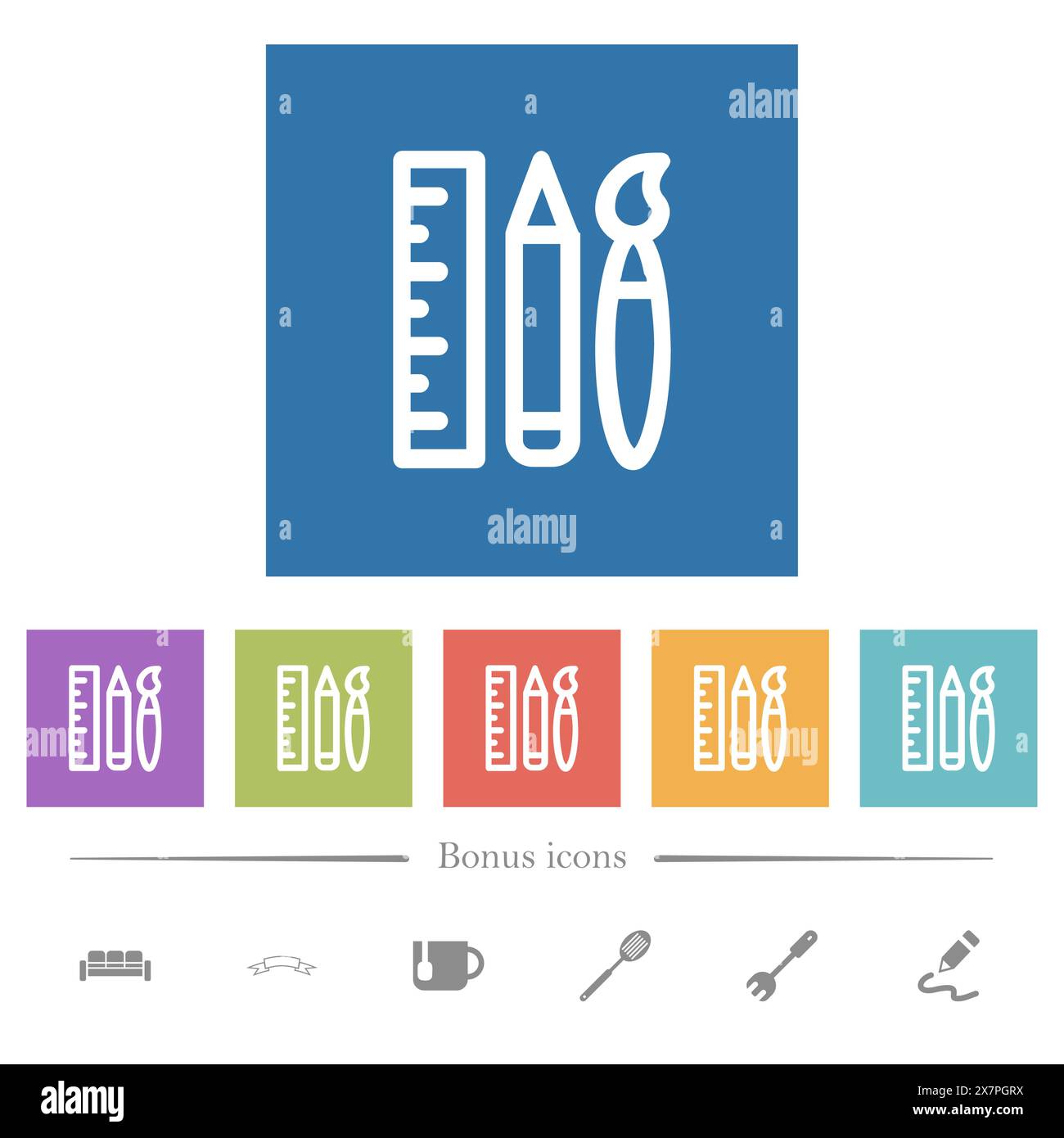 Art tools outline flat white icons in square backgrounds. 6 bonus icons ...
