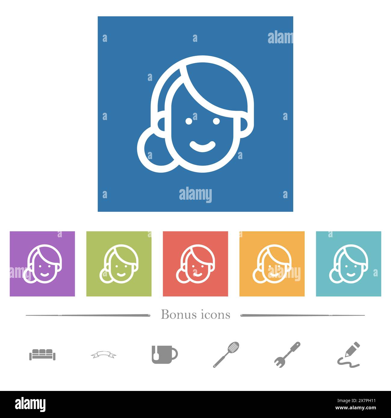 Girl avatar outline flat white icons in square backgrounds. 6 bonus ...