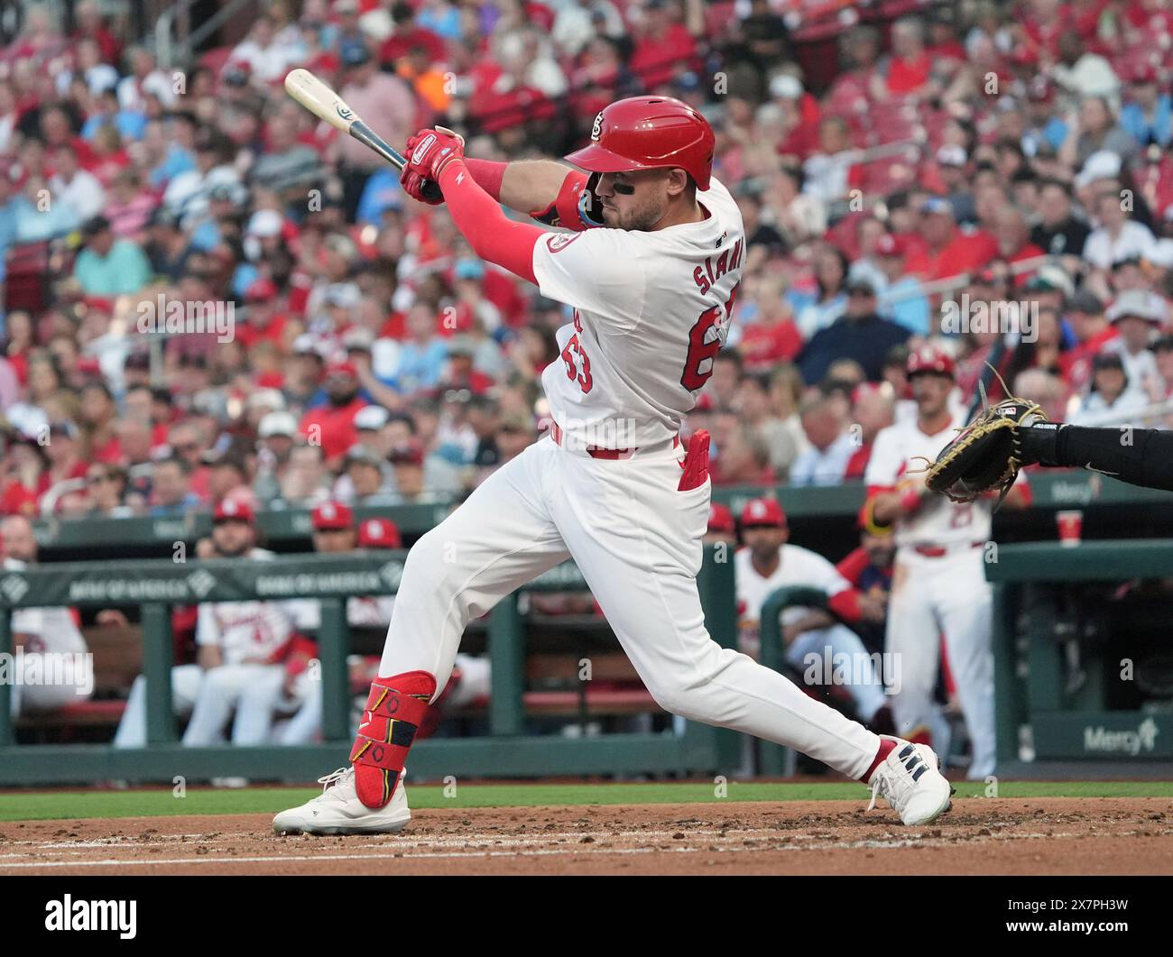 St. Louis Cardinals Michael Siani swings, hitting a three run home run ...