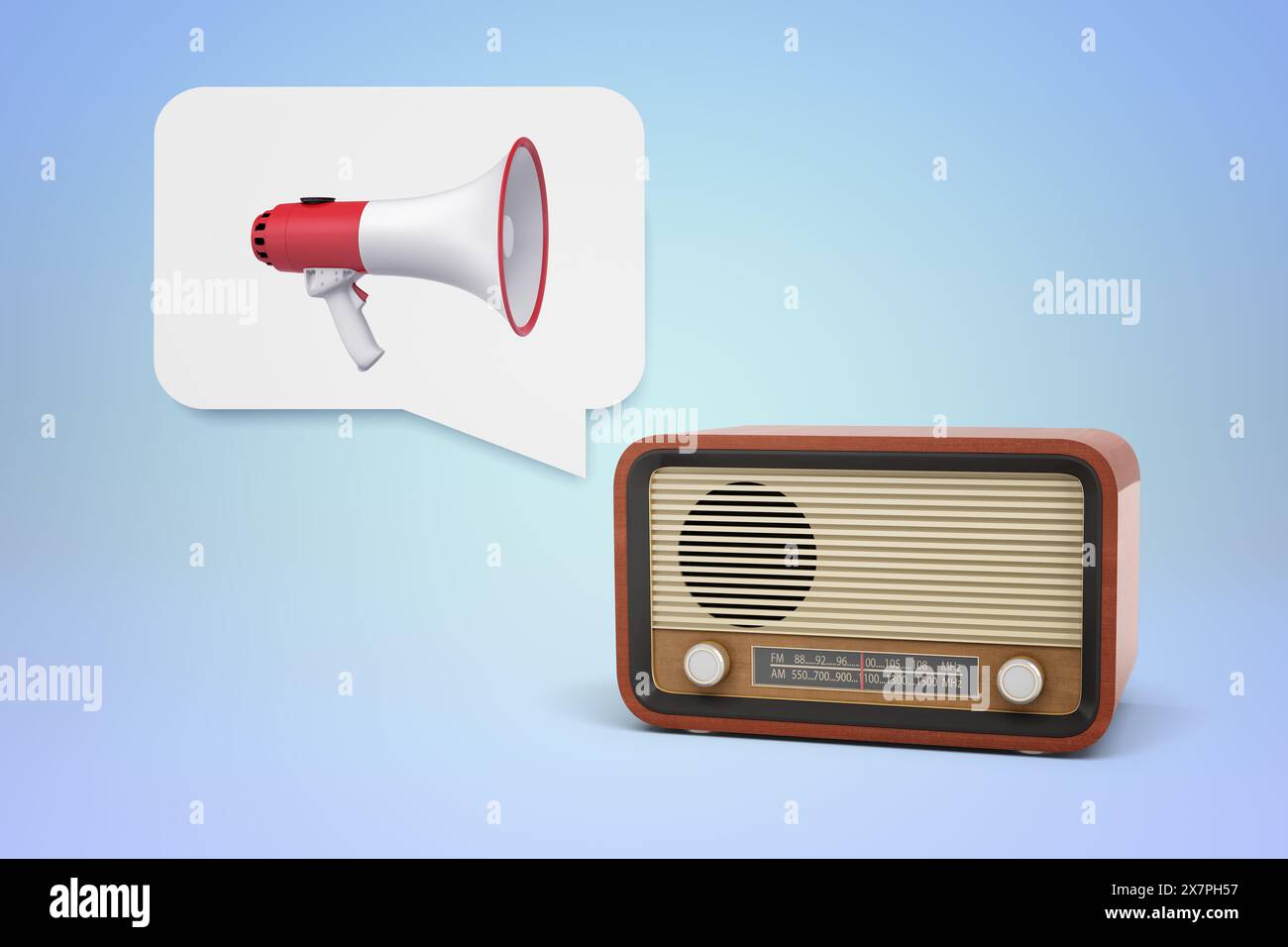 Megaphone in speech bubble above vintage radio Stock Photo - Alamy