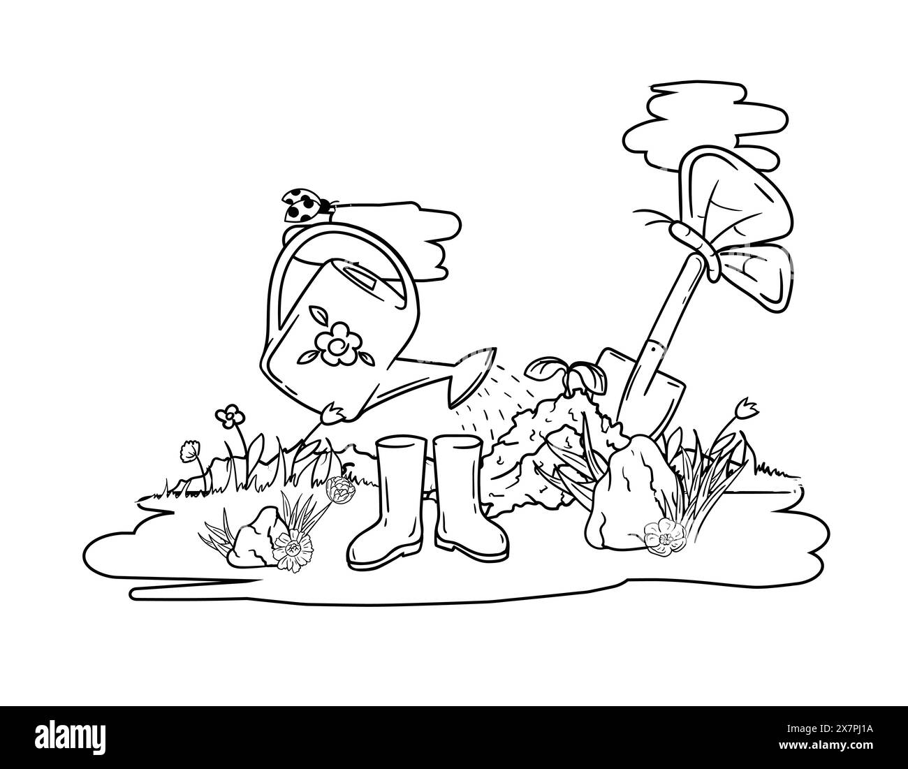 Coloring book for children with spring nature, watering can, rubber ...