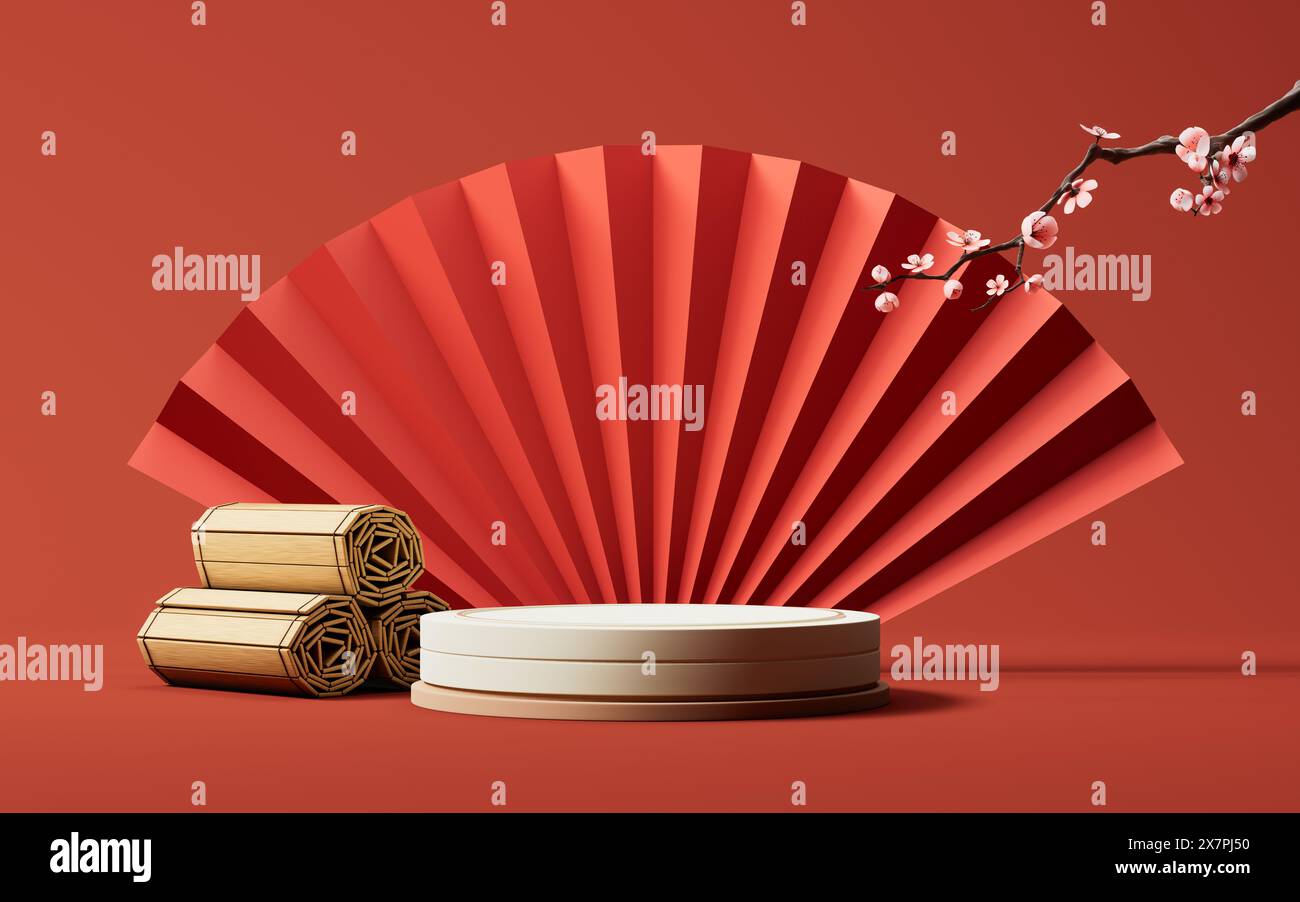 Red Chinese ancient fan background, 3d rendering. 3D illustration Stock ...