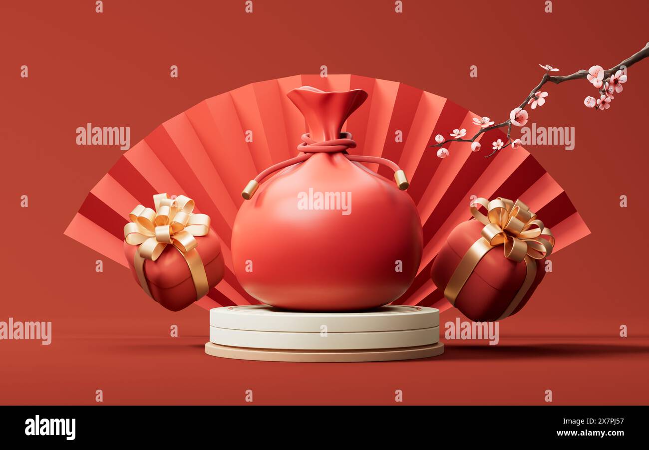 Red package with red Chinese ancient fan background, 3d rendering. 3D ...