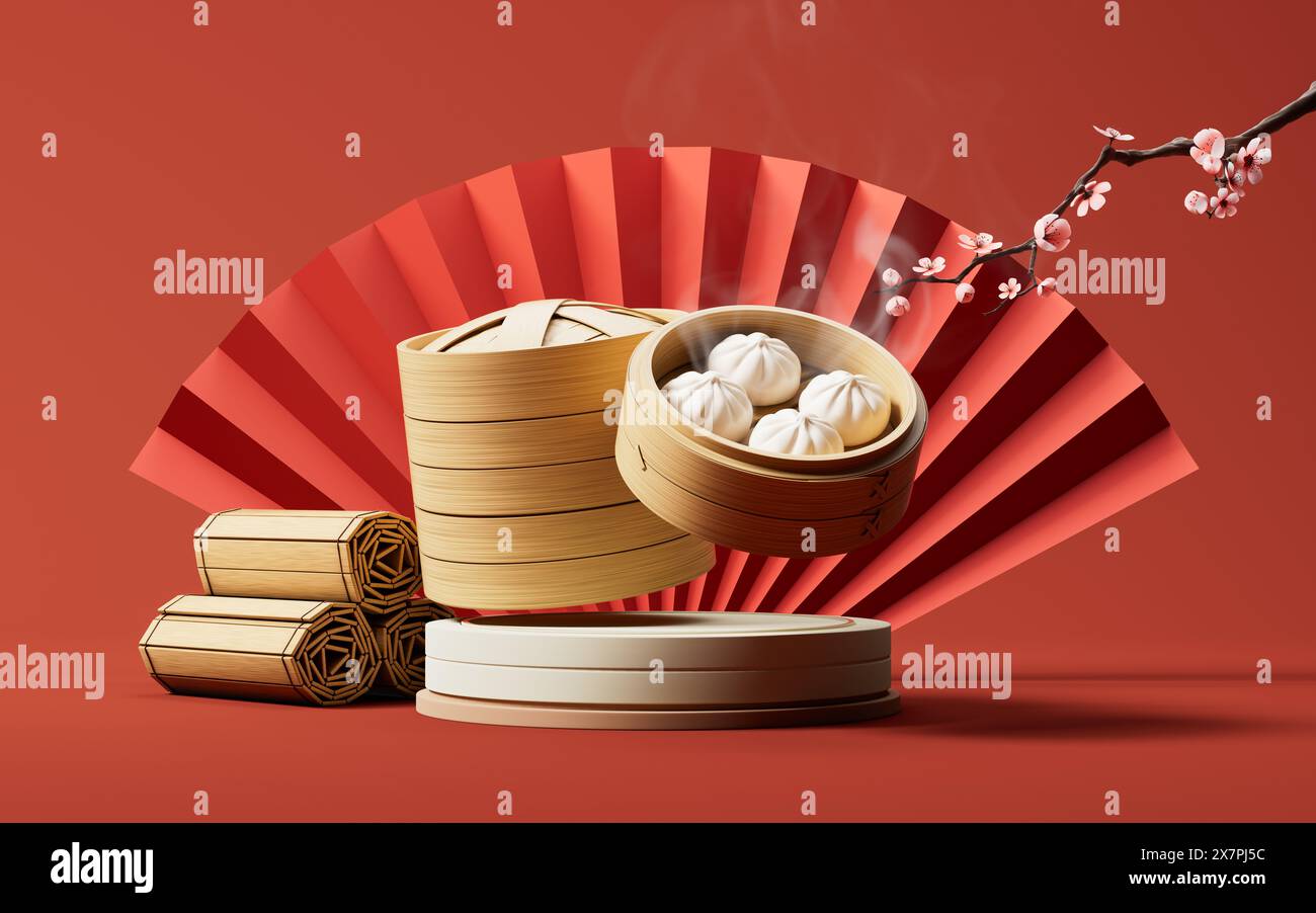 Baozi with red Chinese ancient fan background, 3d rendering. 3D ...