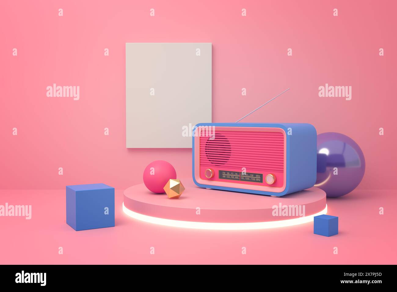 Retro radio on circular platform with shapes Stock Photo - Alamy