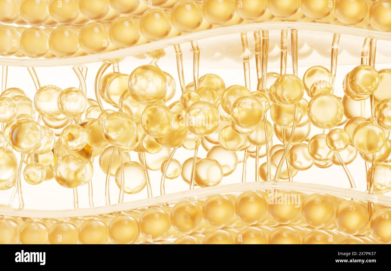 Skin cell with golden liquid oil bubble, 3d rendering. 3D illustration ...