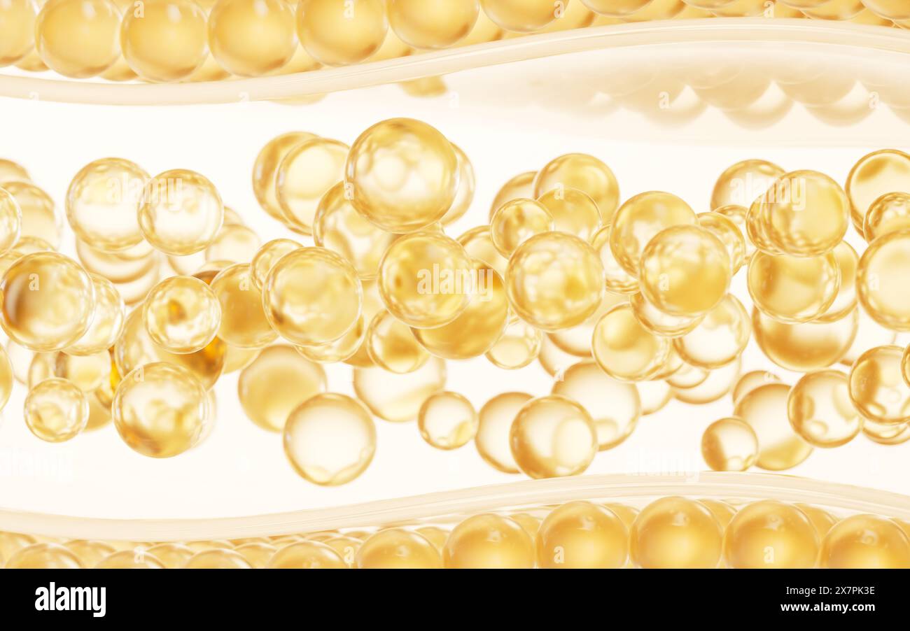 Skin cell with golden liquid oil bubble, 3d rendering. 3D illustration ...