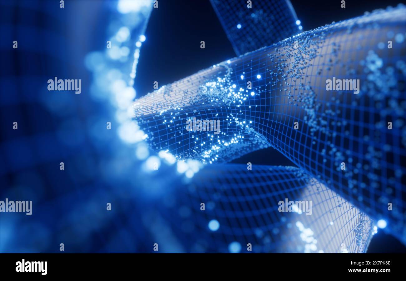 Abstract curve geometry with flowing particles, 3d rendering. 3D ...