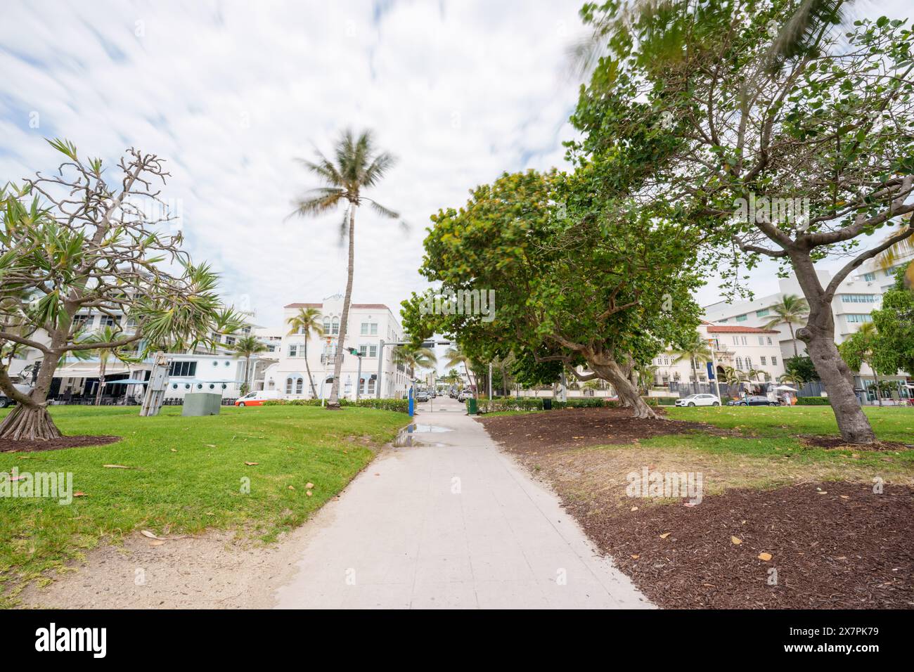 Miami Beach FL USA. View down 11th Street on Ocean Drive pedestrian ...