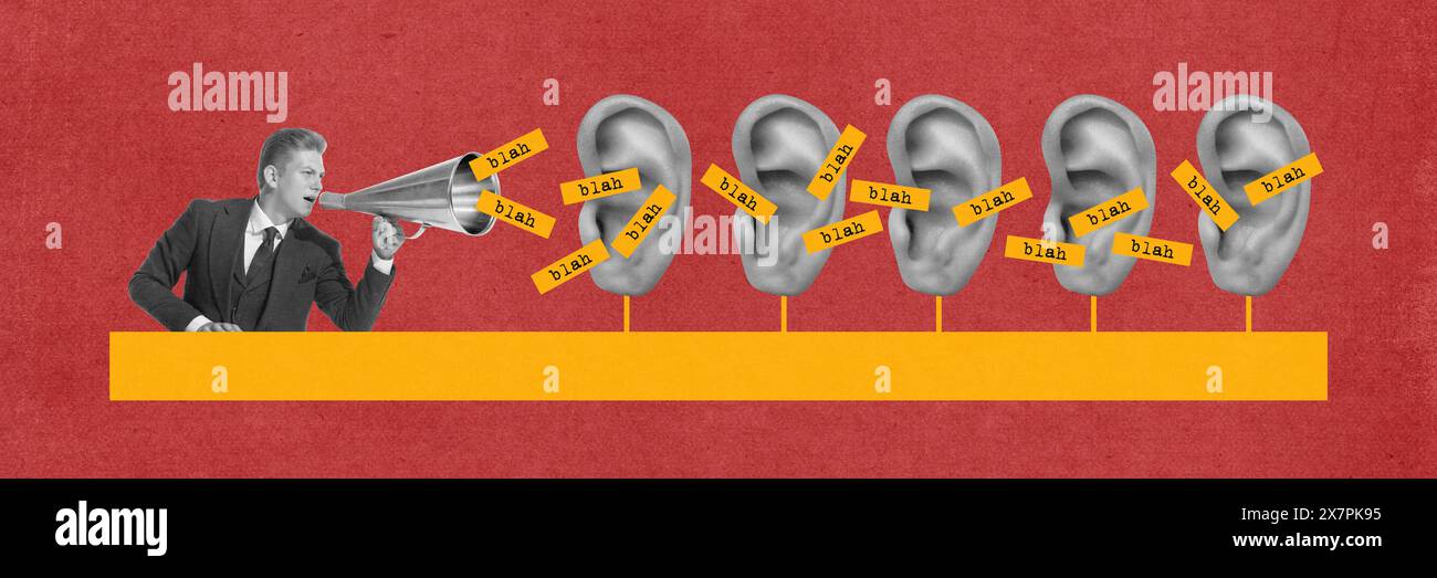 Man in official attire talking in megaphone to ears placed in line ...