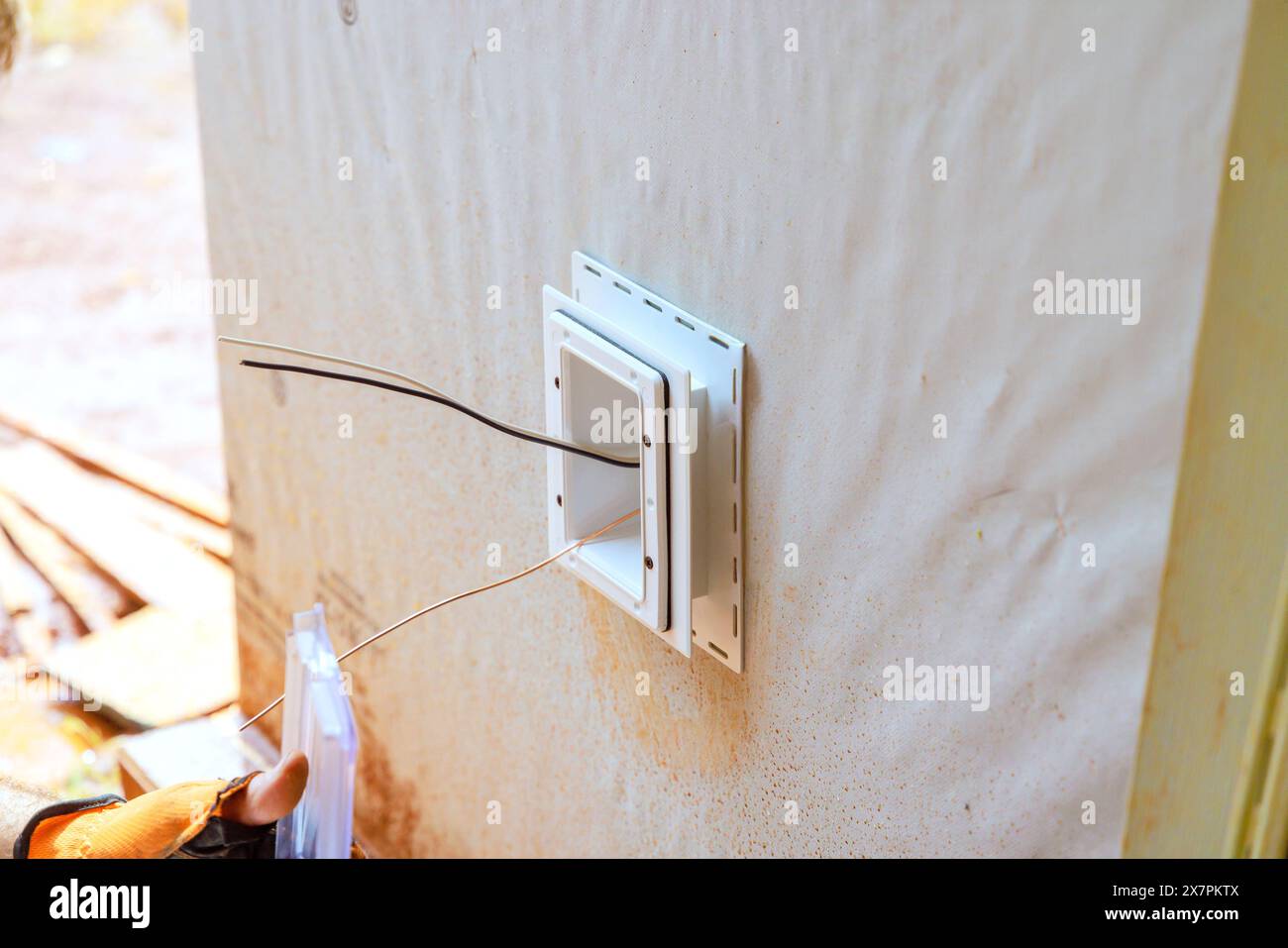 Waterproof electrical box is mounted on outside of wall using deep ...