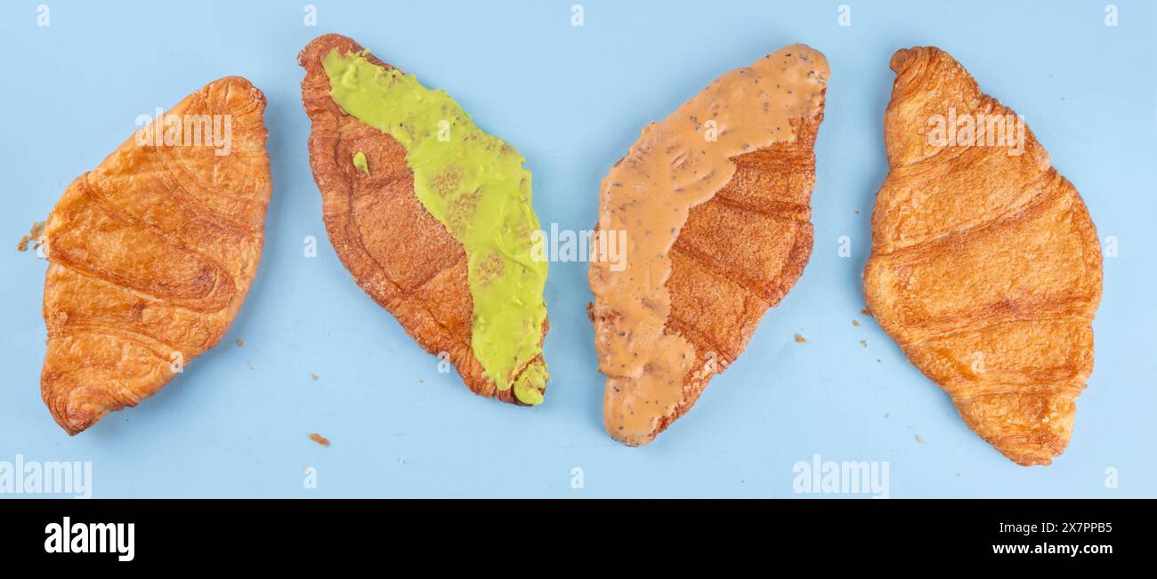 Set of colorful trendy flat croissants with different topping and ...