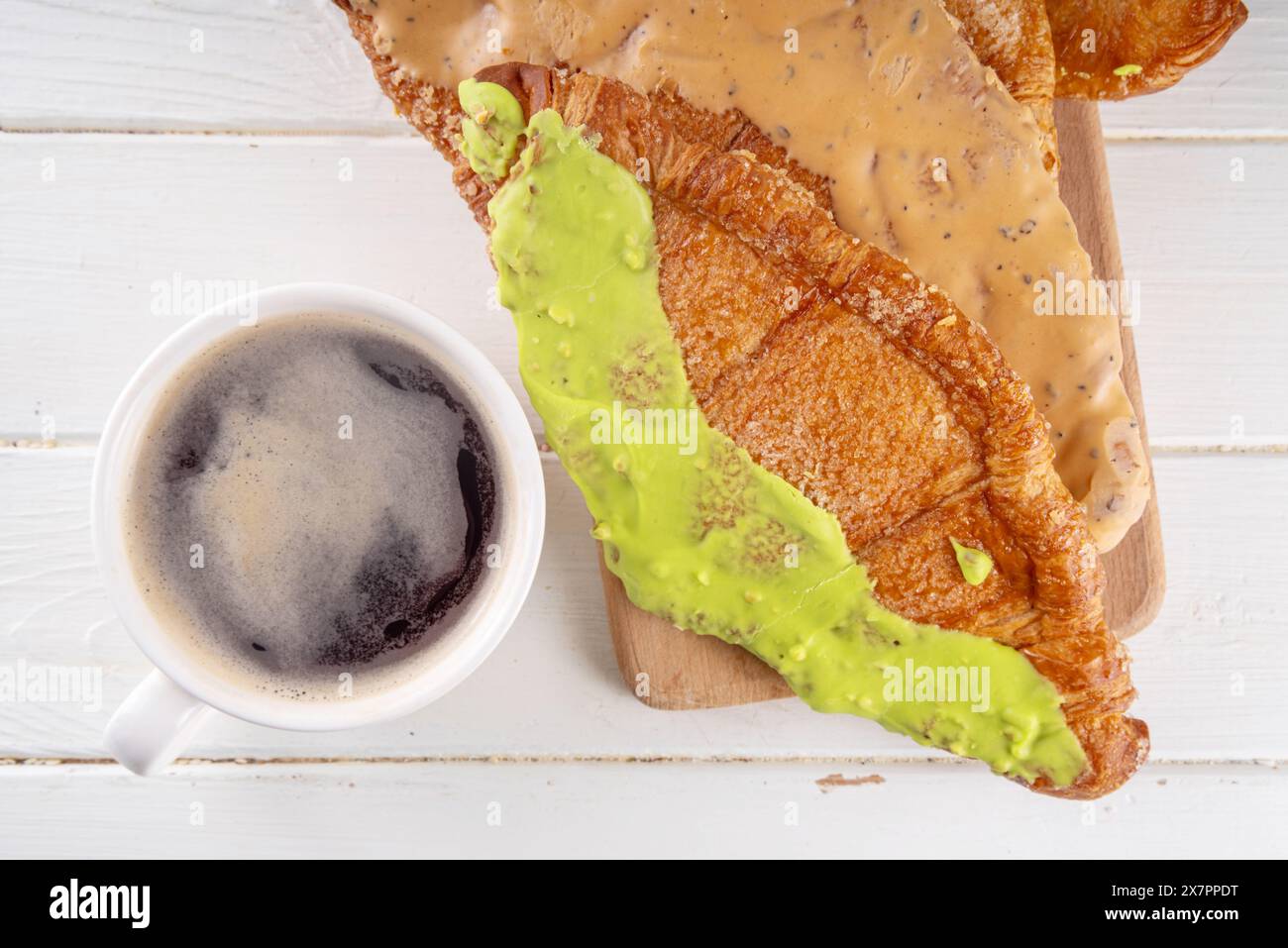 Set of colorful trendy flat croissants with different topping and ...