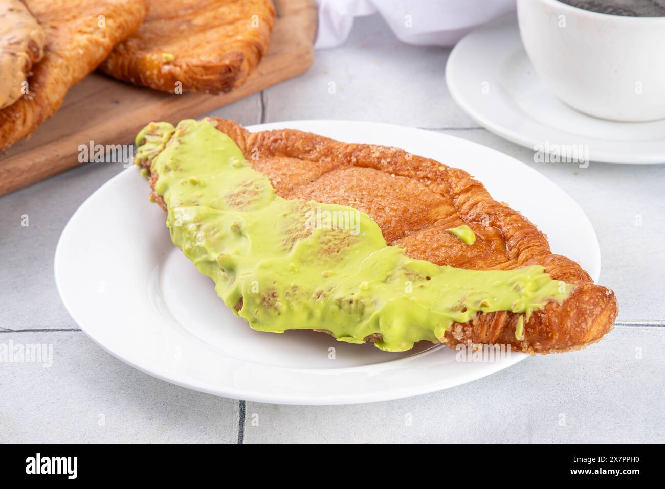 Set of colorful trendy flat croissants with different topping and ...