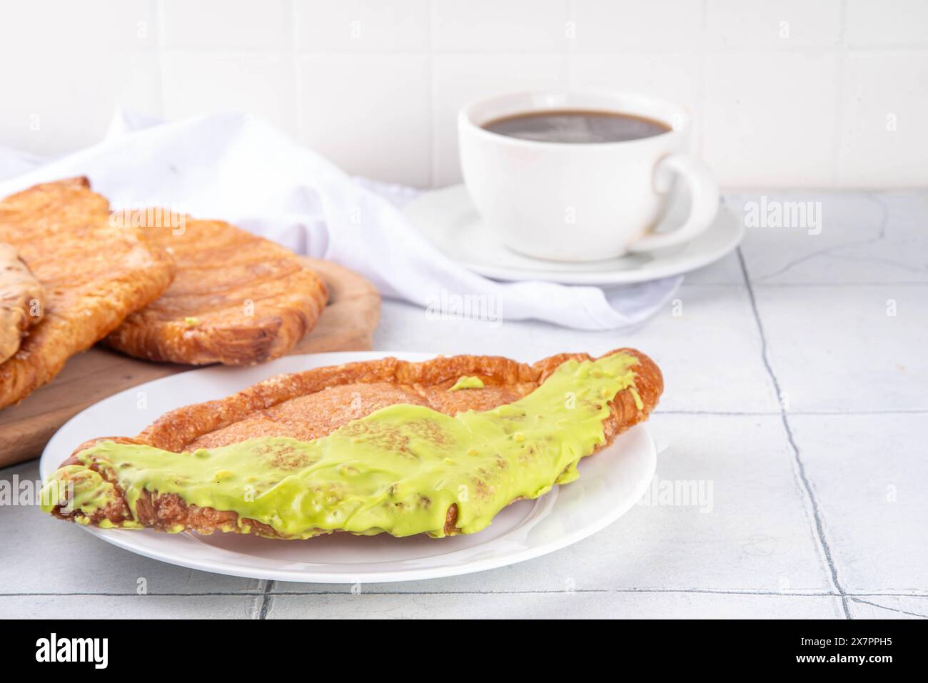 Set of colorful trendy flat croissants with different topping and ...