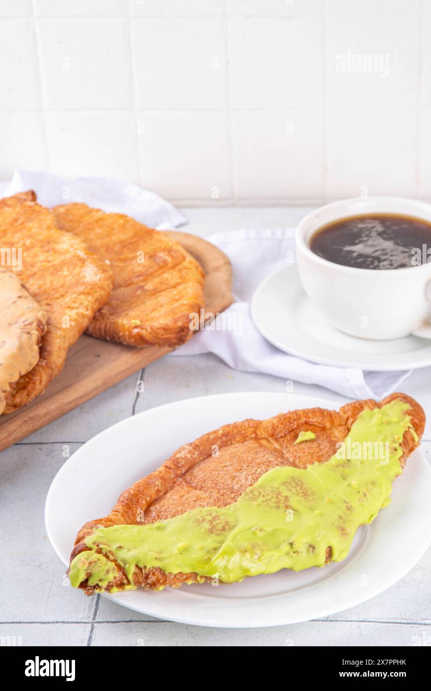 Set of colorful trendy flat croissants with different topping and ...