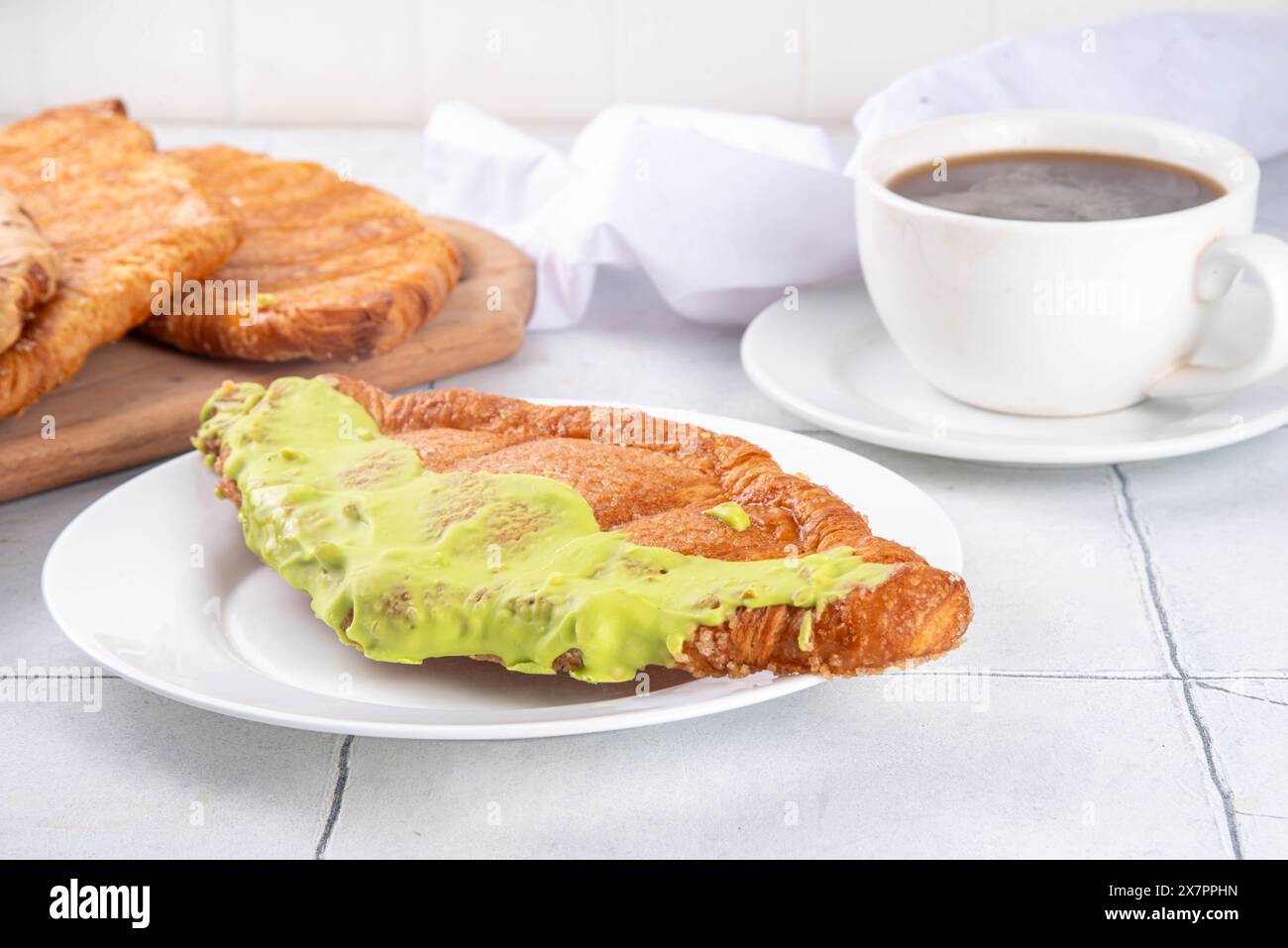 Set of colorful trendy flat croissants with different topping and ...