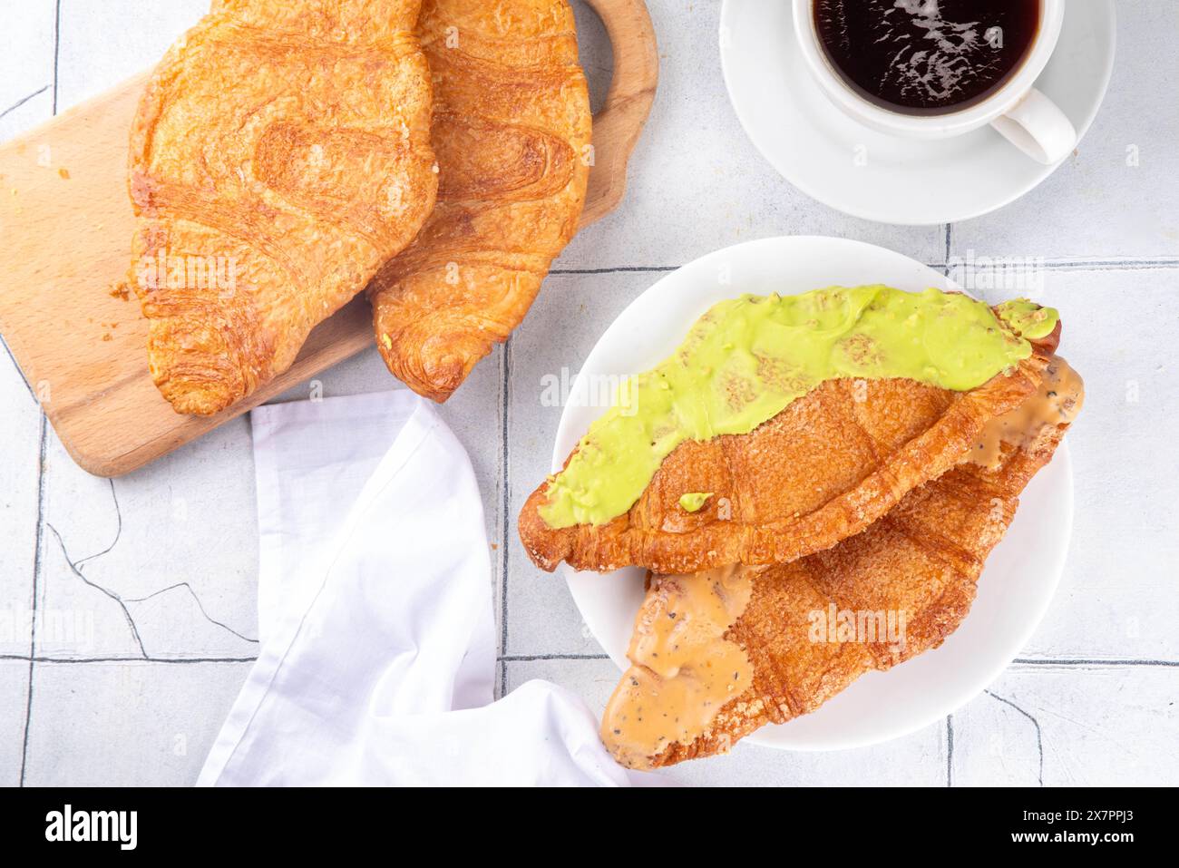 Set of colorful trendy flat croissants with different topping and ...