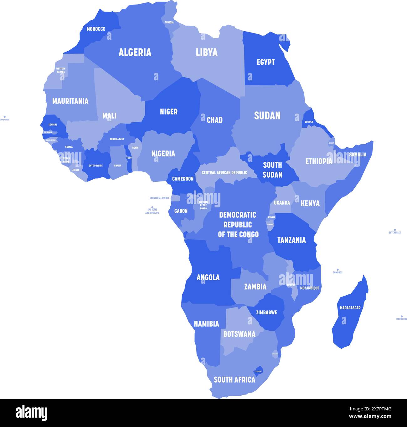 Political map of Africa in four shades of blue with white country name ...
