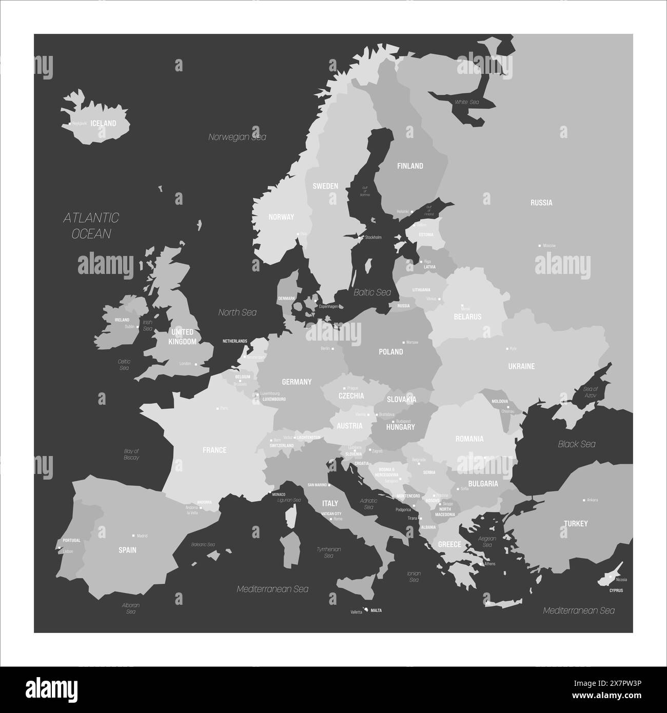 Political map of Europe. Blue colored vector map with capital cities of ...
