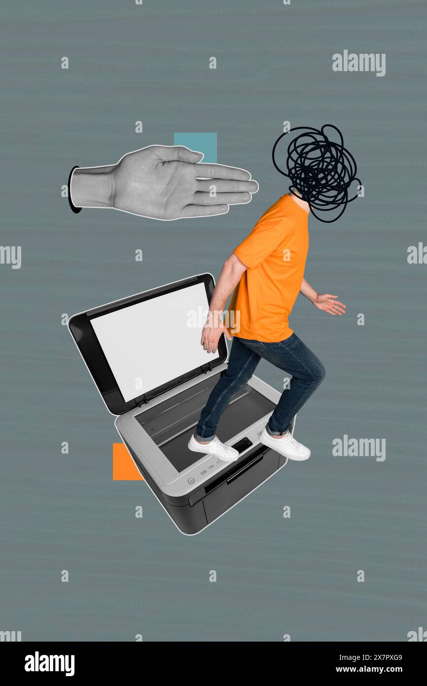 Collage 3d pinup pop retro sketch image of puzzled guy doing printer ...