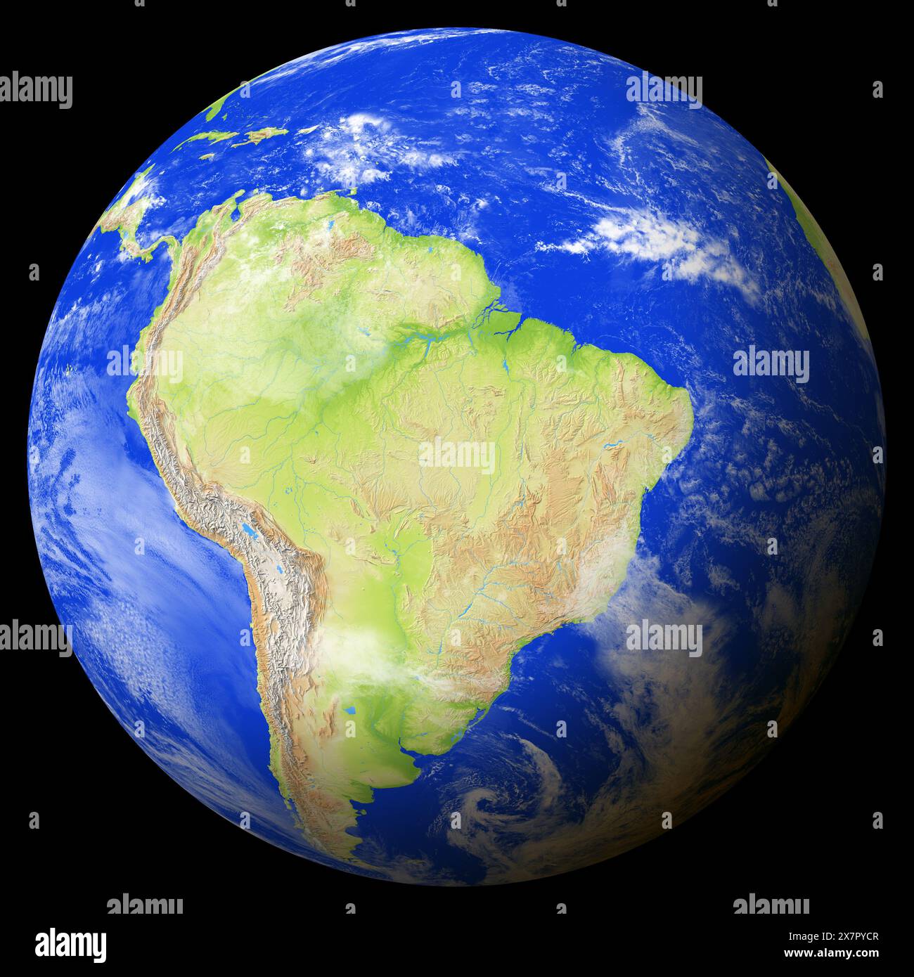 View of the earth from space showing Brazil in the center of the image ...