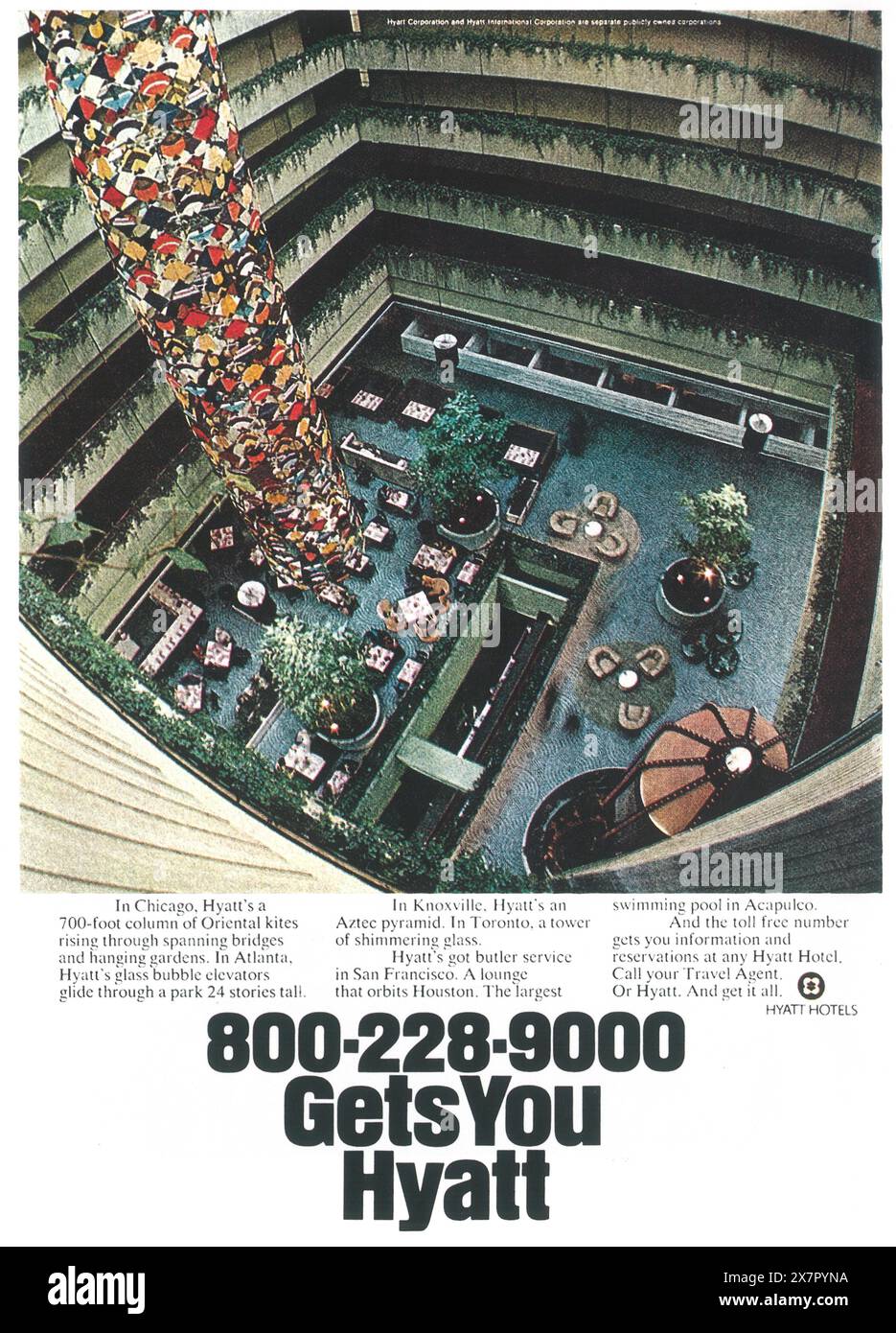 1970s Hyatt hotels ad with Hyatt Regency O'hare Chicago Stock Photo - Alamy