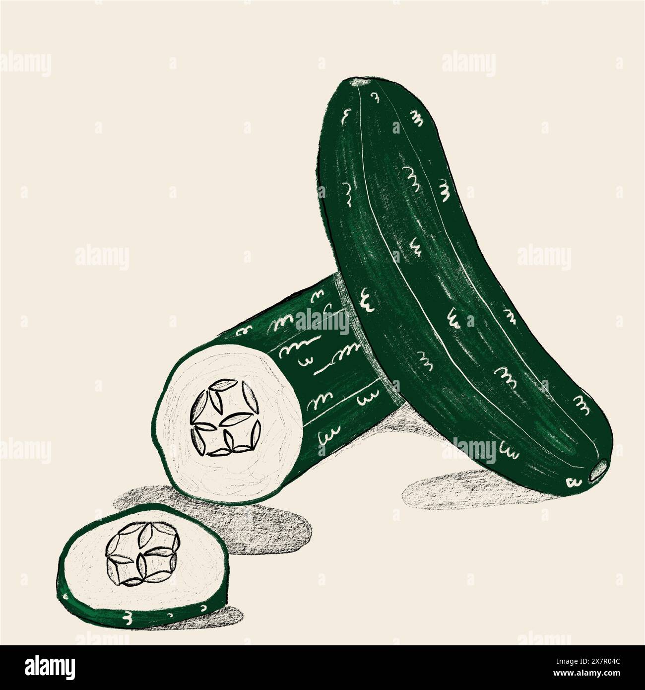 Artistic rendition of fresh cucumbers and slices, showcasing detailed ...