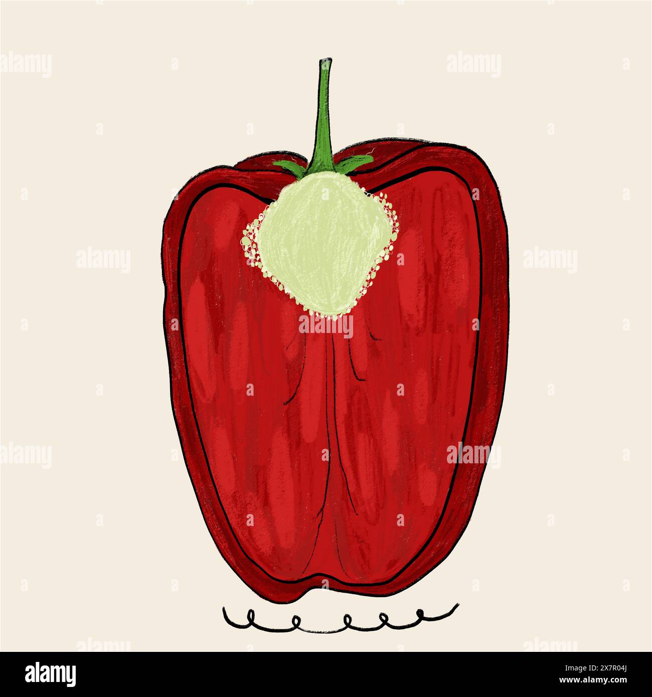 A vividly colored digital illustration of a red bell pepper with a ...