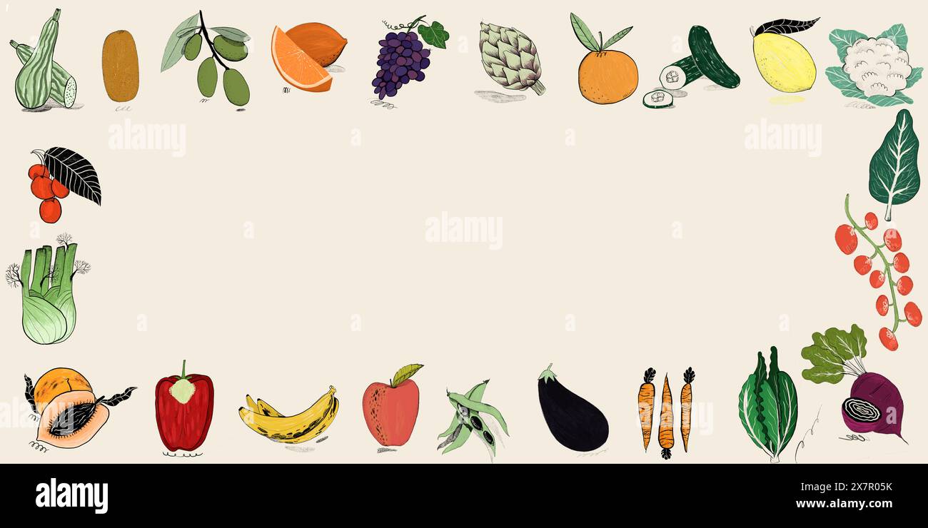 Illustrations of various fruits and vegetables in a color palette ...