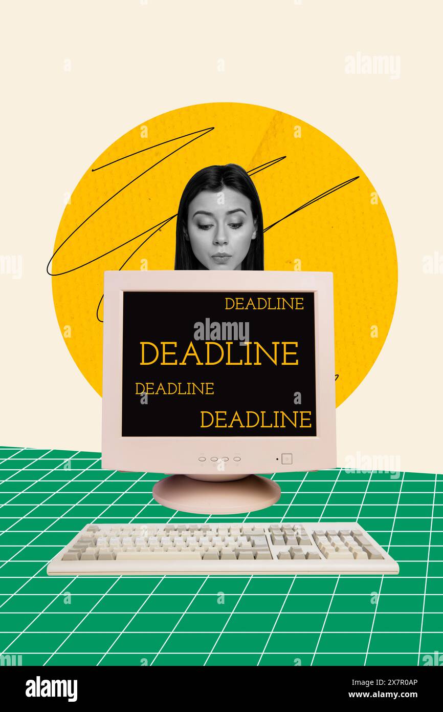 Vertical collage picture young girl look computer screen monitor ...