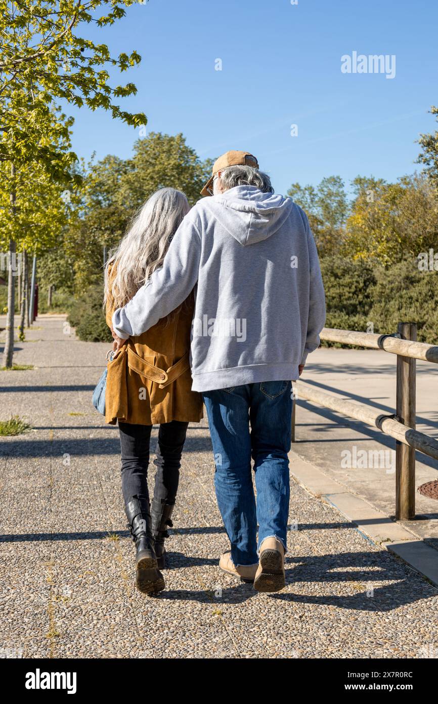 An affectionate senior couple walks hand in hand down a sunny park path, showcasing a beautiful ...