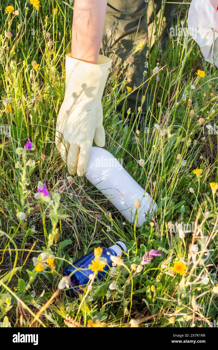 An eco-conscious woman collects discarded items in a blooming field ...