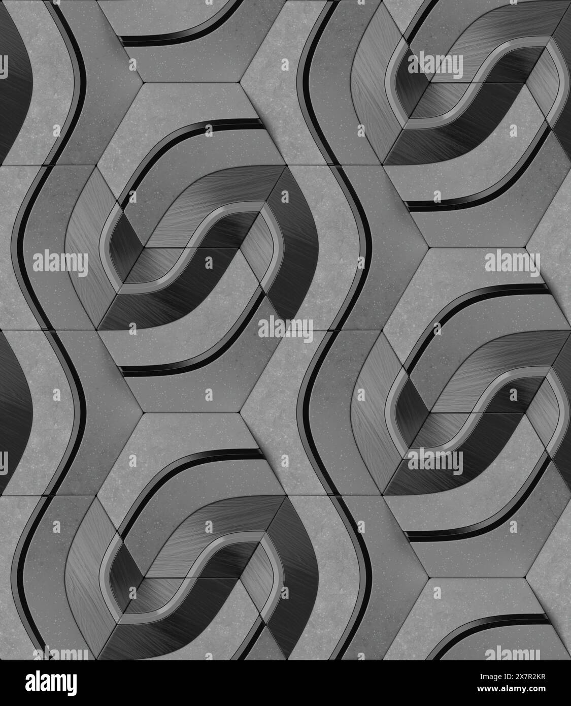 This 3D illustration depicts a monochrome geometric seamless pattern ...