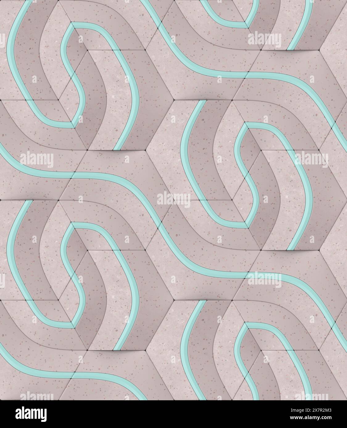This 3D illustration features a seamless geometric pattern with wavy lines and textured surfaces ...