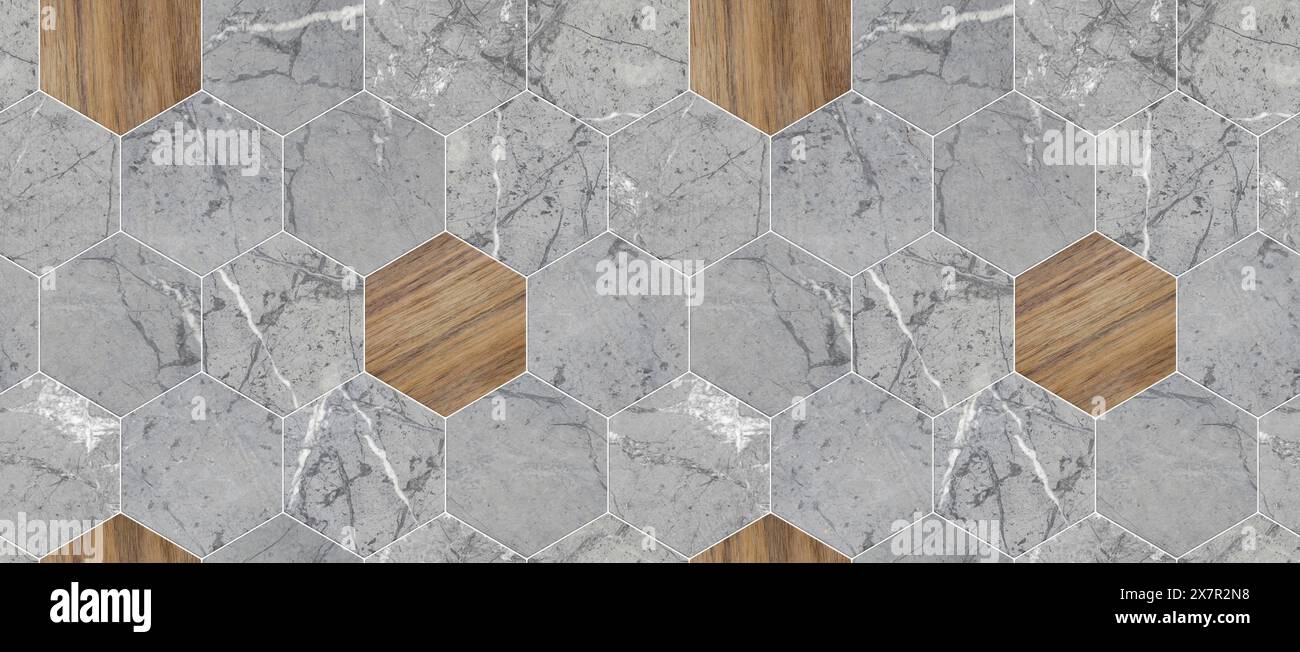 Elegant gray marble hexagon tiles interspersed with warm wooden ones ...