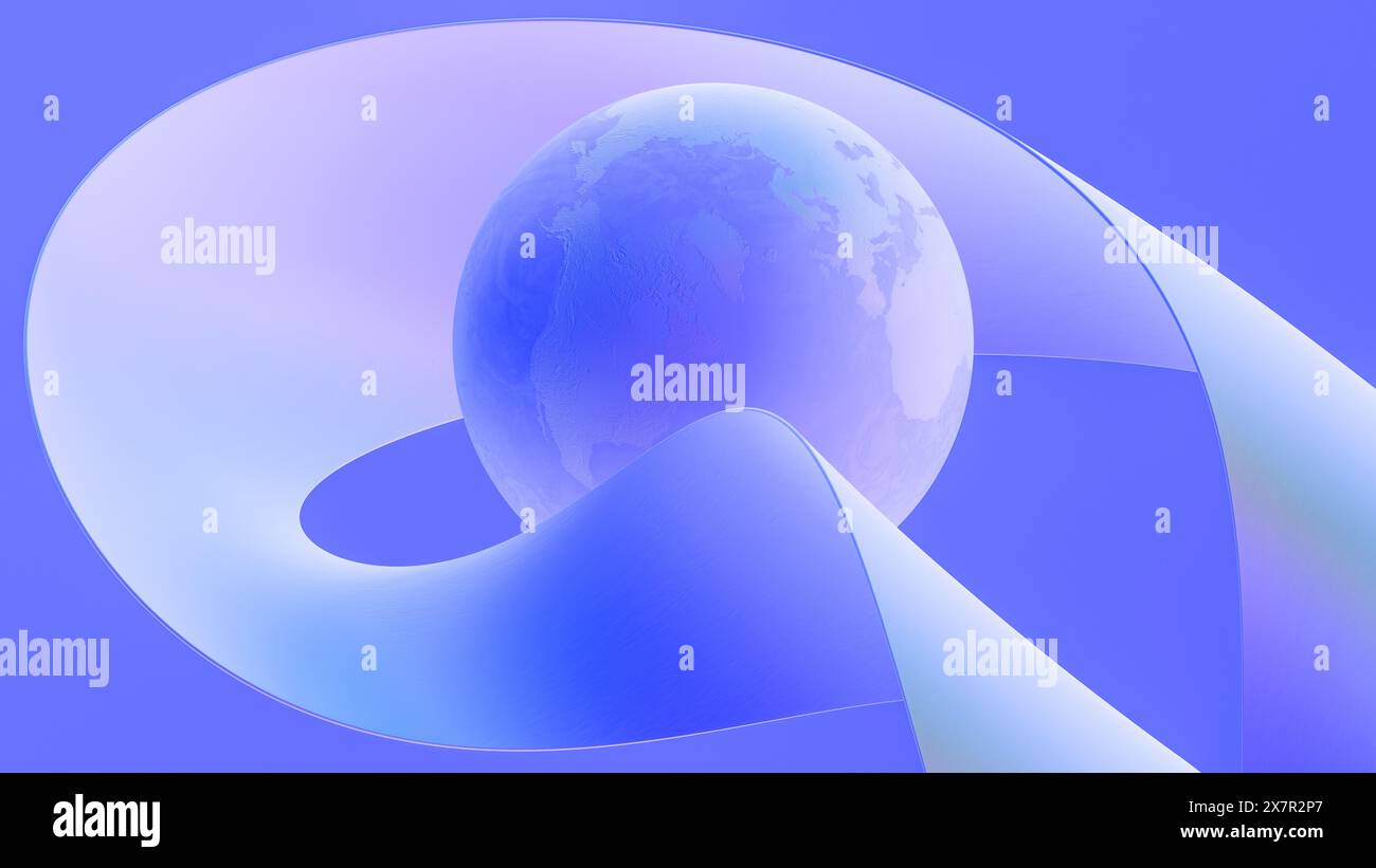 An abstract, vibrant depiction of Earth embraced by sweeping geometric ...