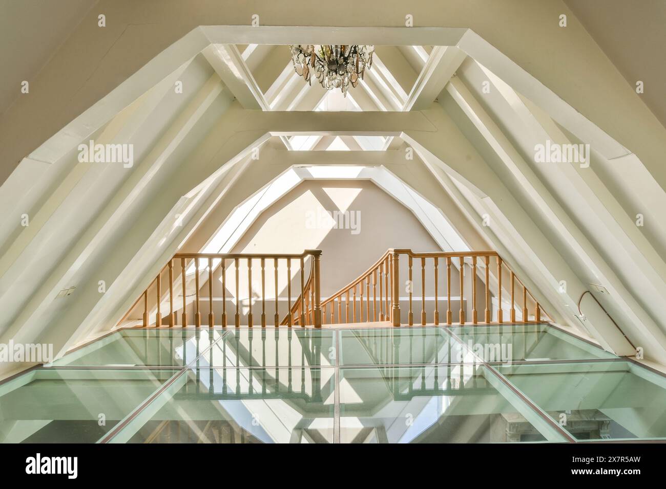 The image highlights a contemporary geometric interior of a building ...