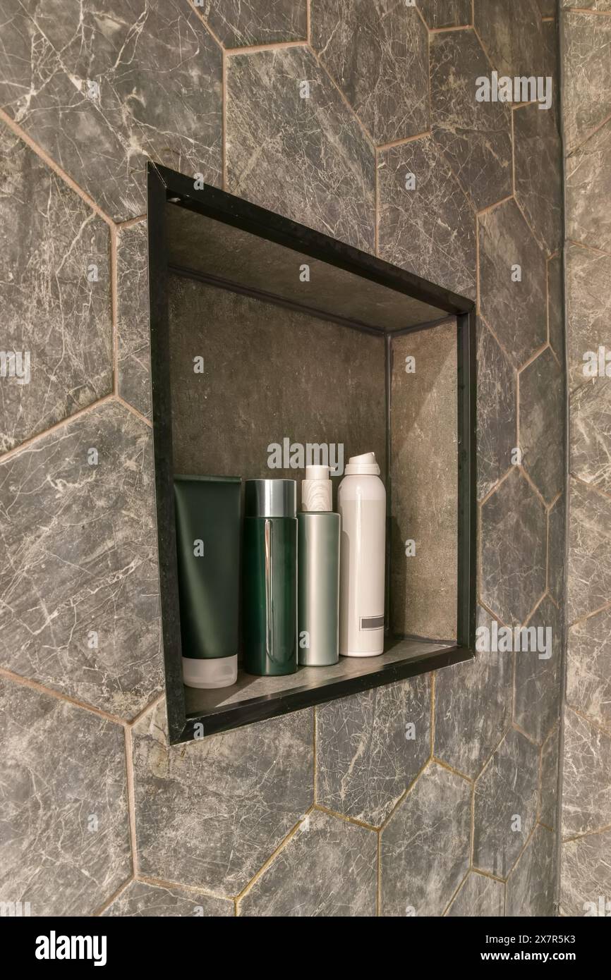 A sleek, recessed niche in a marble-tiled bathroom wall neatly holds ...