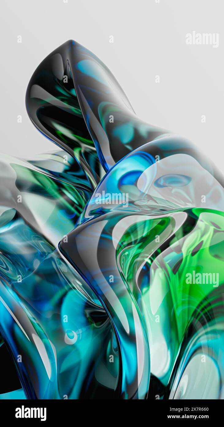 Abstract 3D glass sculptures with flowing shapes and reflections on a ...