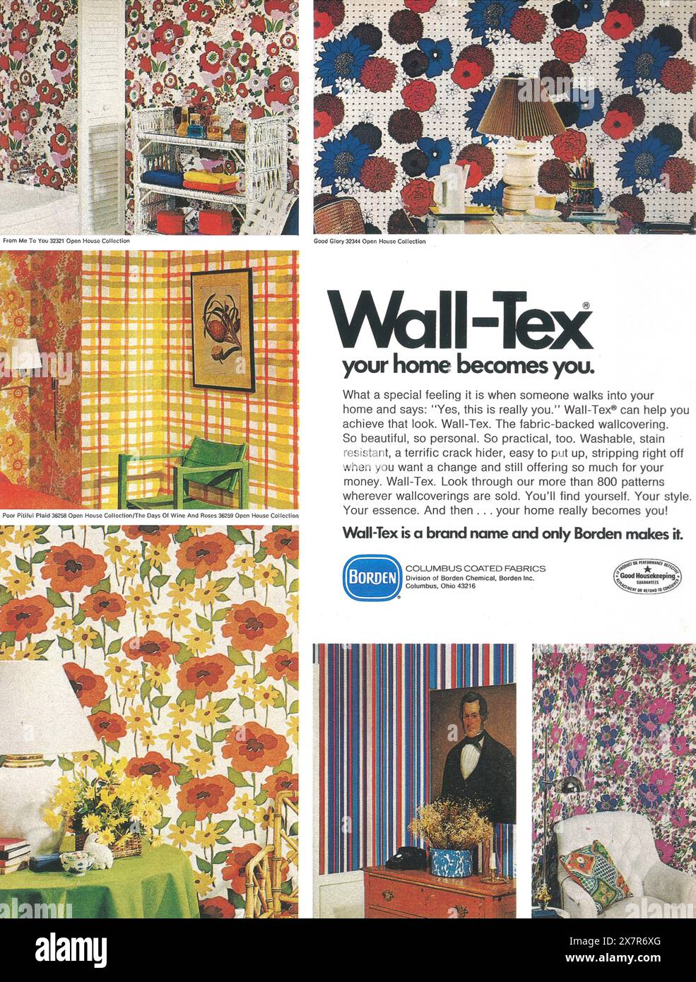 1970s Borden Columbus Coated Fabrics Wall-Tex Wallcovering ad Stock ...