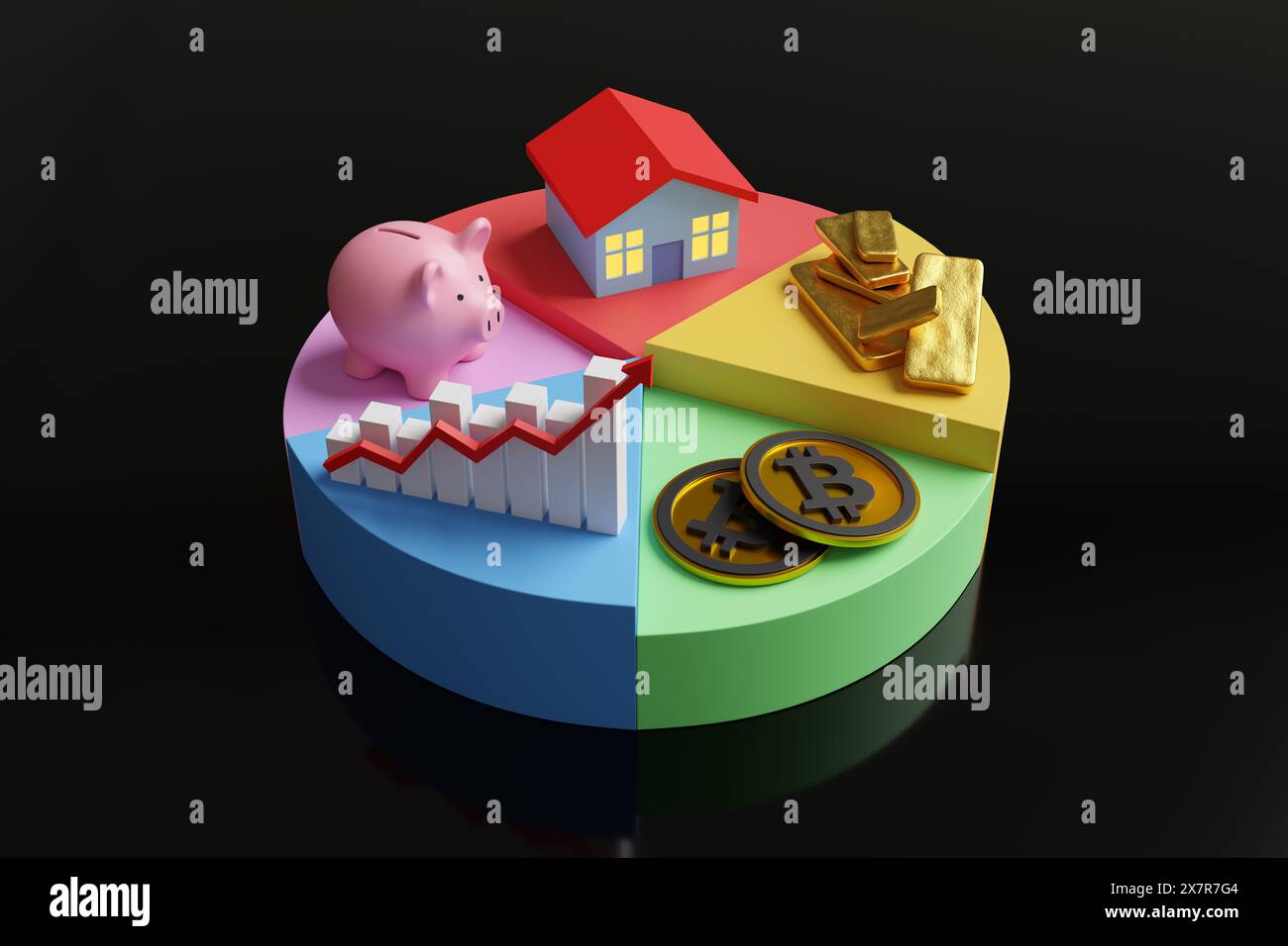 House, gold bars, bitcoins, stock char, piggy bank on colorful pie ...