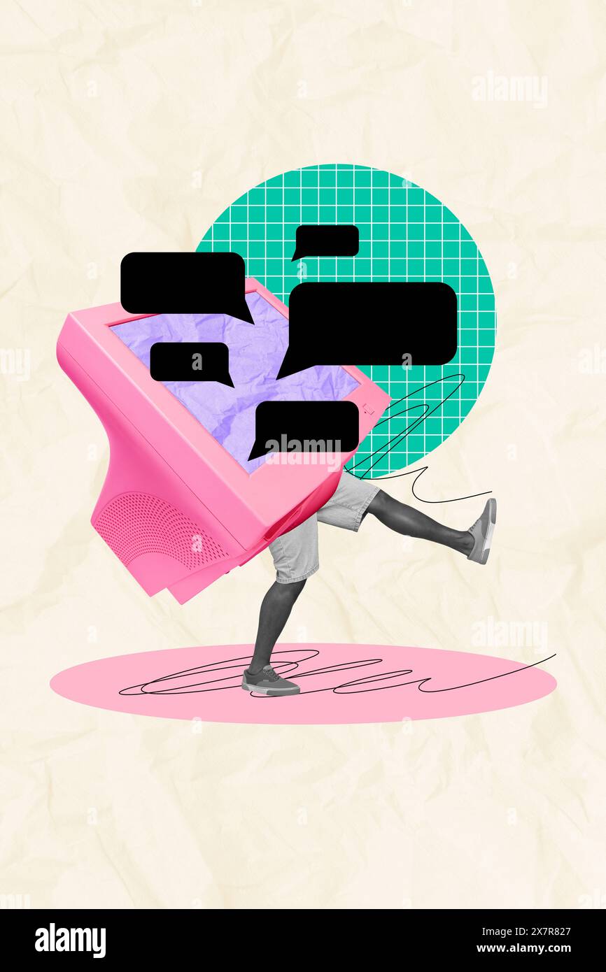 Vertical photo collage of human legs walk instead body computer monitor ...