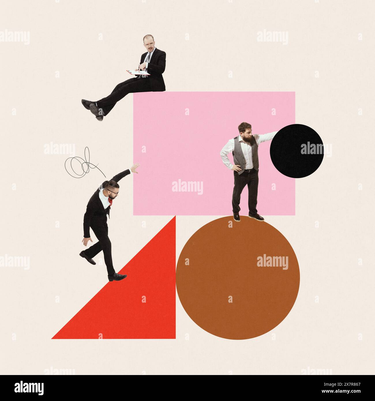 Contemporary art collage. Men in formal attire interacting with various ...