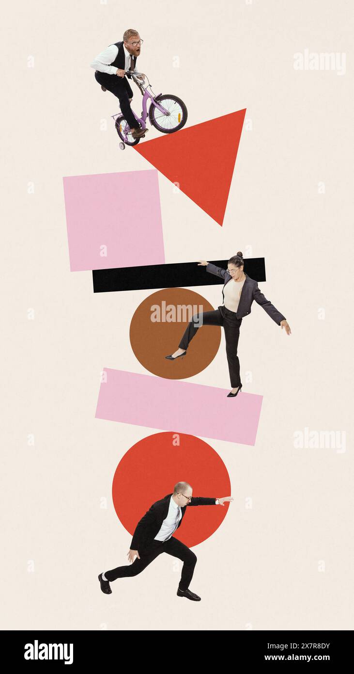 Contemporary art collage. Young people try to help each other while ...